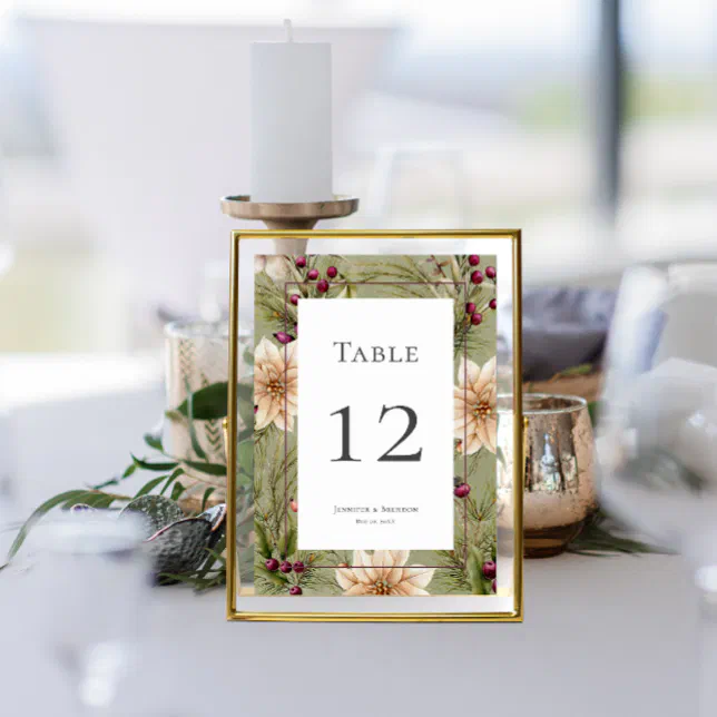 Boho Winter Greenery Boughs Sage Green Table Number | Zazzle