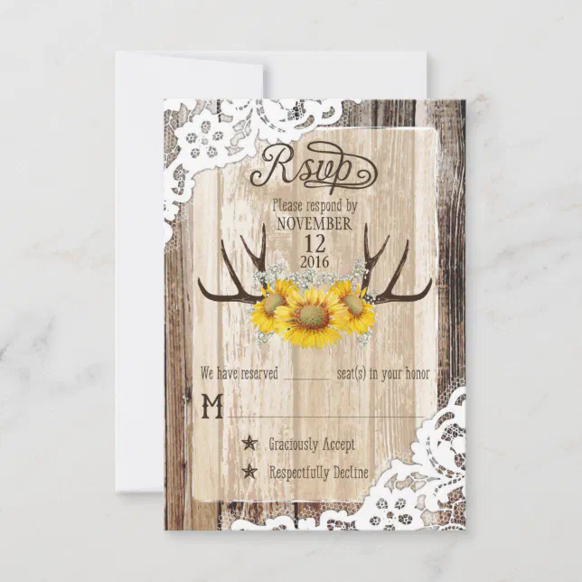 Boho Wood Sunflower Antlers Lace Rustic RSVP Card | Zazzle