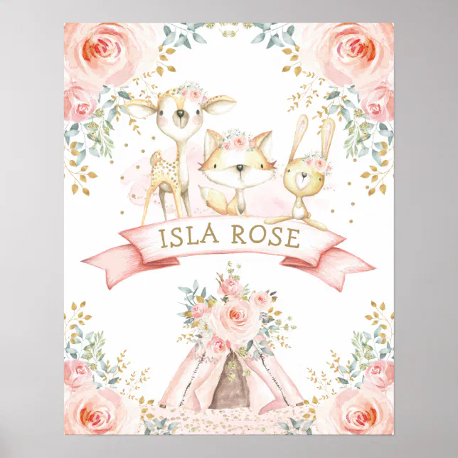 Boho Woodland Animal Blush Floral Monogram Nursery Poster | Zazzle