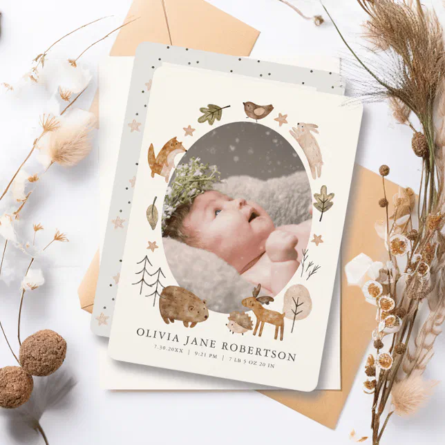 Boho Woodland Animals Birth Announcement | Zazzle