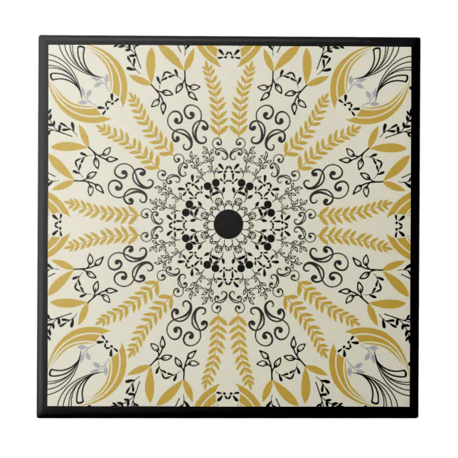 Boho yellow and black mandala design ceramic tile | Zazzle