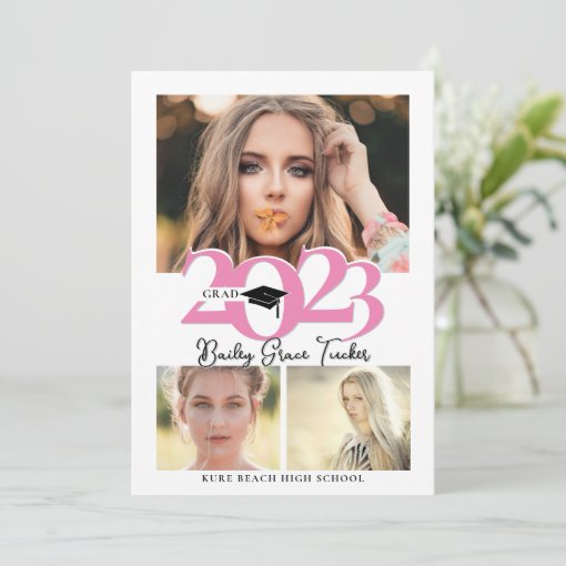 Bold 2023 GRAD Cap 3-Photo Collage Pink Graduation Announcement | Zazzle