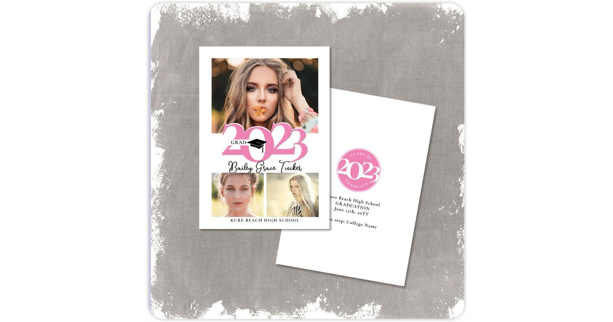 Bold 2023 GRAD Cap 3-Photo Collage Pink Graduation Announcement | Zazzle