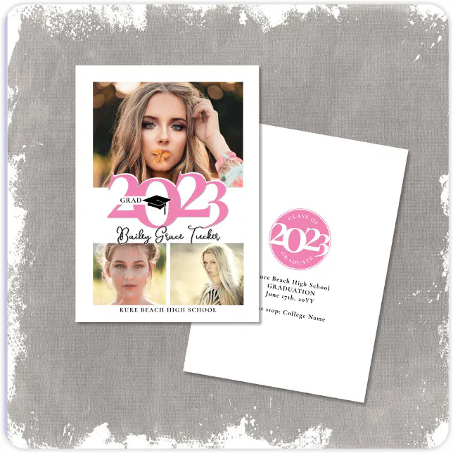 Bold 2023 GRAD Cap 3-Photo Collage Pink Graduation Announcement | Zazzle