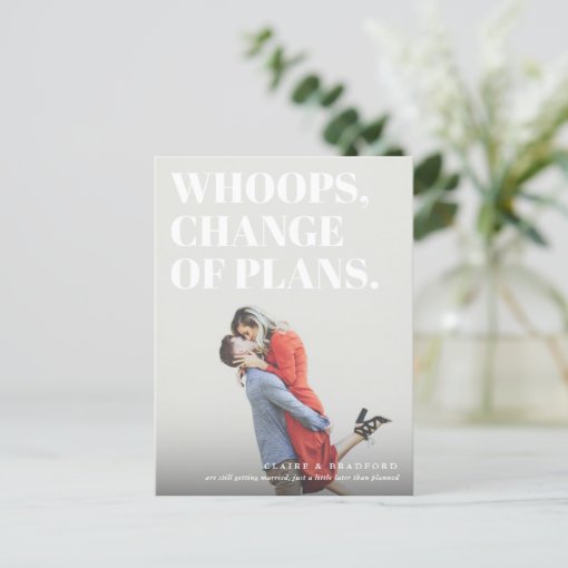 Bold and Cheeky Typographic Wedding Postponed Announcement Postcard ...