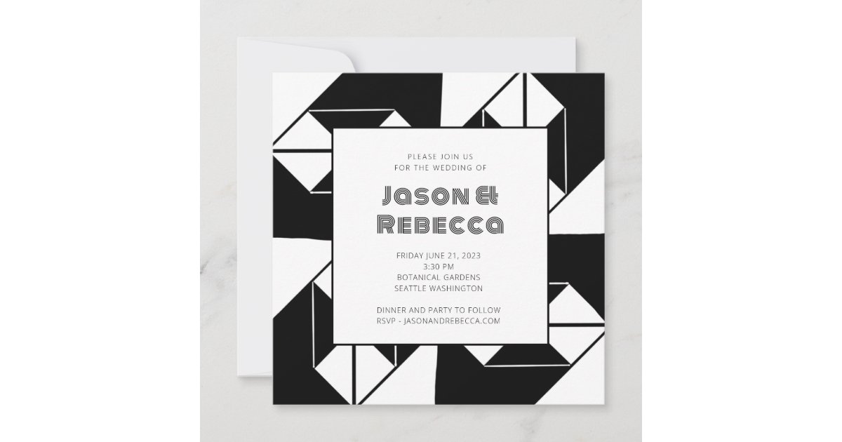 Bold Art Deco Vintage Black White Tile Wedding Invitation | Zazzle
