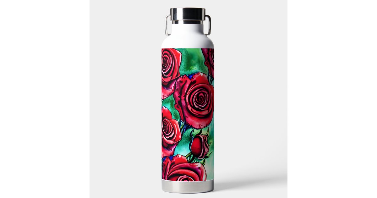 Bold Beautiful Watercolor Red Roses on Green Water Bottle | Zazzle