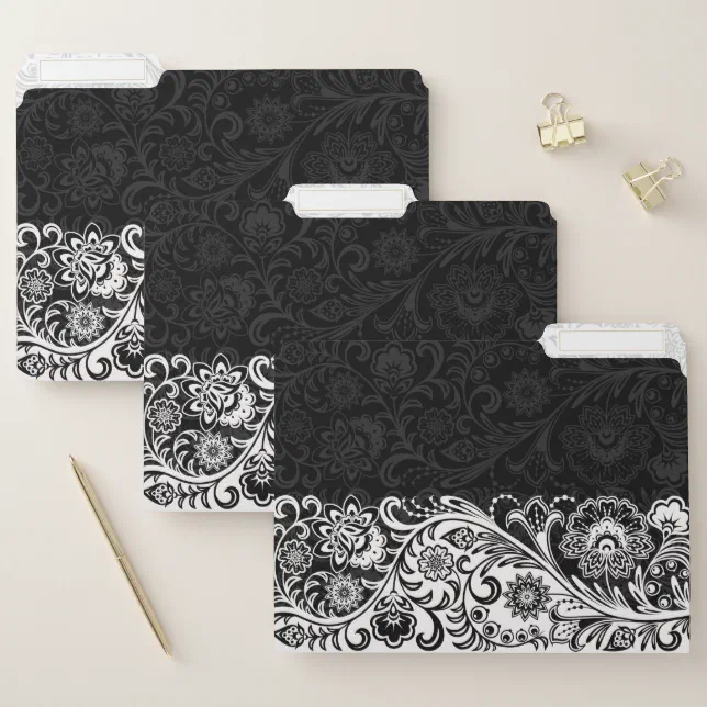Bold Black White Floral Design File Folders | Zazzle