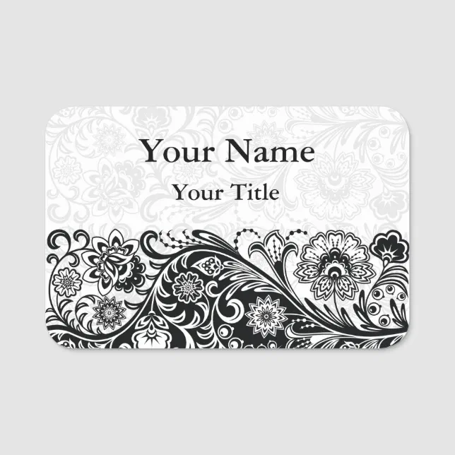 Bold Black White Floral Design Name Tag | Zazzle