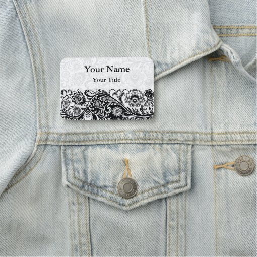 Bold Black White Floral Design Name Tag | Zazzle