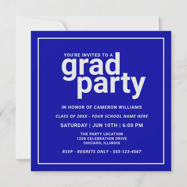 Bold Blue and Silver Gray Modern Basic Grad Party Invitation | Zazzle