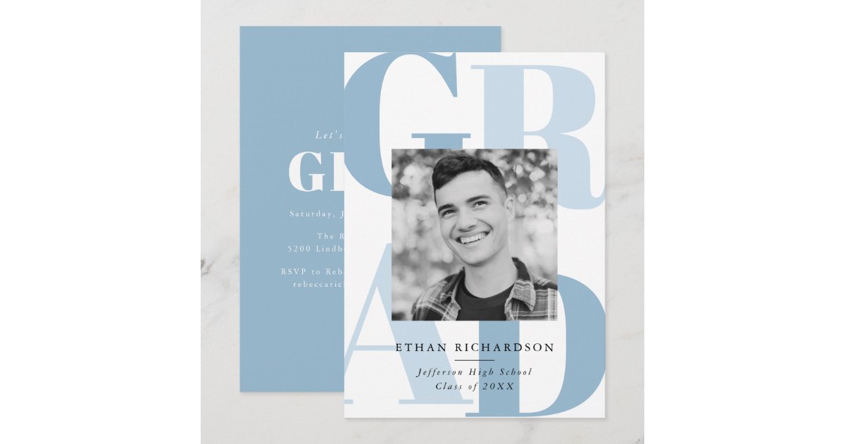 Bold Blue Grad Photo Graduation Party Invitation | Zazzle