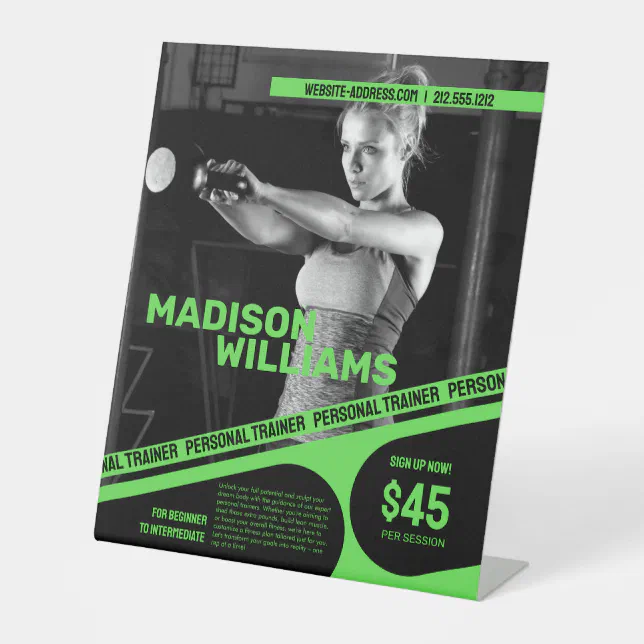 Bold Bright Green Personal Trainer Photo Pedestal Sign | Zazzle