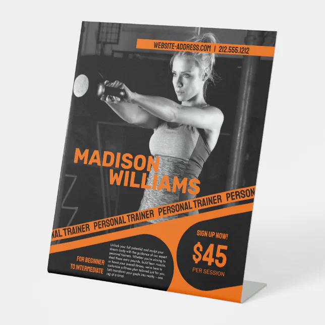 Bold Bright Orange Personal Trainer Photo Pedestal Sign | Zazzle