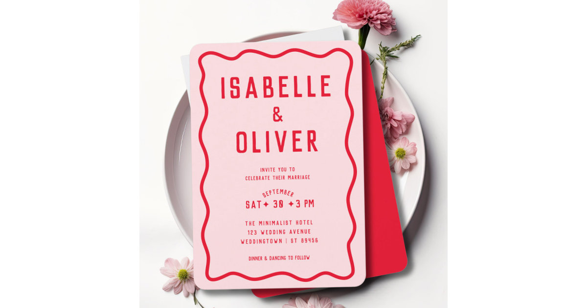 Bold Bright Pink Red Squiggle Wavy Retro Wedding Invitation | Zazzle