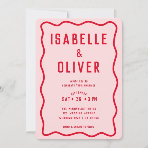 Bold Bright Pink Red Squiggle Wavy Retro Wedding Invitation | Zazzle