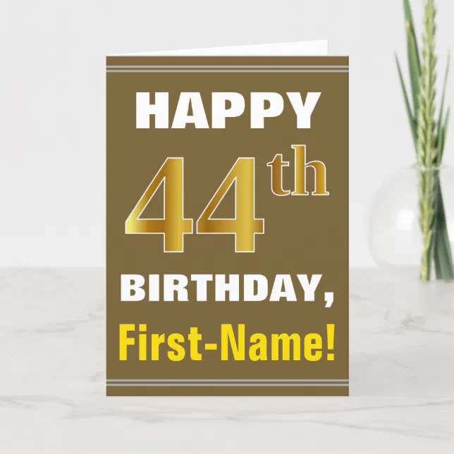 Bold, Brown, Faux Gold 44th Birthday w/ Name Card | Zazzle