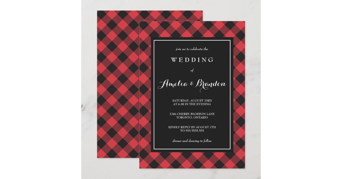 Bold Buffalo Plaid Red & Black Wedding Invitation | Zazzle