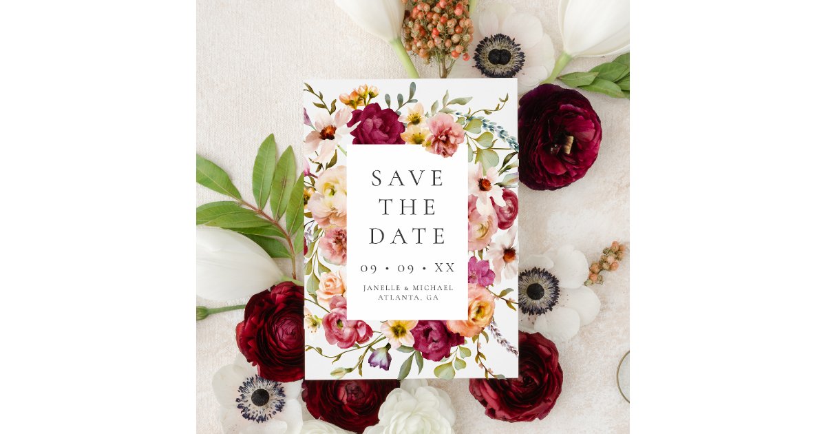 Bold Burgundy Floral Photo Wedding Save The Date | Zazzle