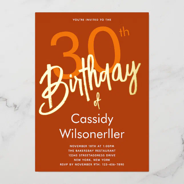 Bold Burnt Orange 30th Birthday Gold Foil Invitation | Zazzle