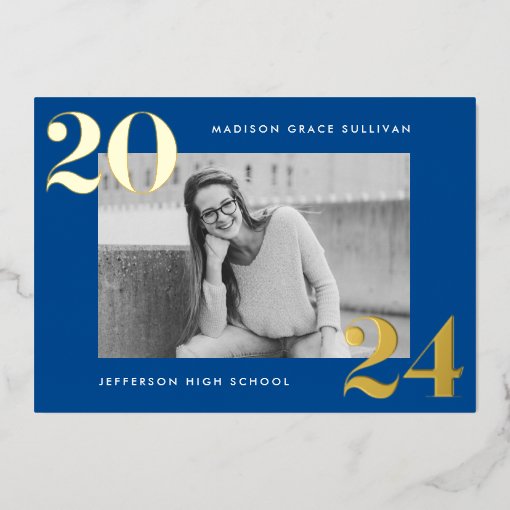 Bold Class of 2024 Blue Photo Graduation Foil Invitation | Zazzle