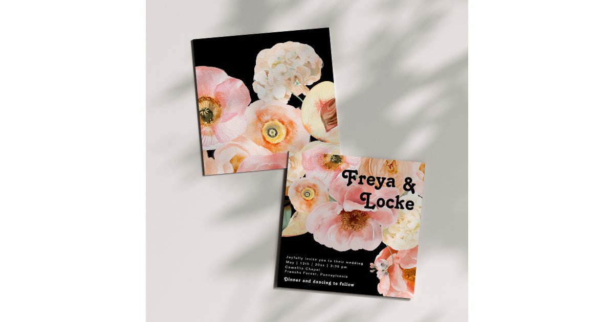 Bold Colorful Floral | Black Square Wedding Invitation | Zazzle