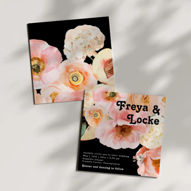 Bold Colorful Floral | Black Square Wedding Invitation | Zazzle