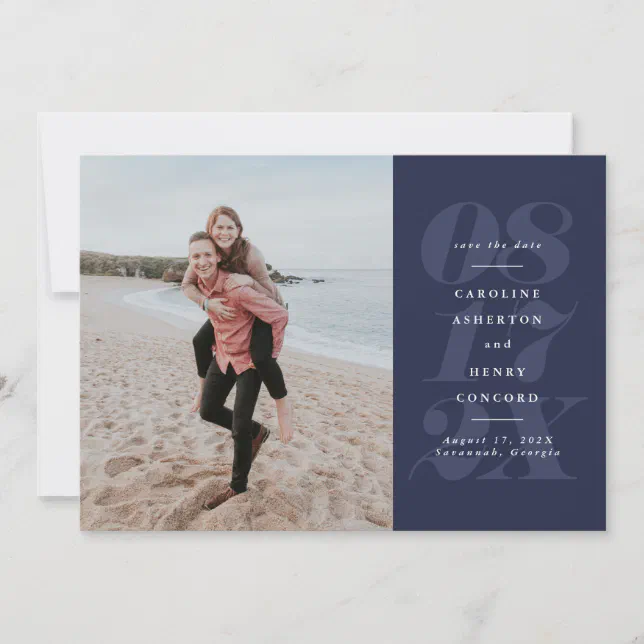 Bold date navy blue photo save the date | Zazzle