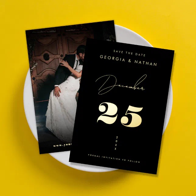 Bold Date Typography Script Dark Faded Photo Real Foil Invitation | Zazzle