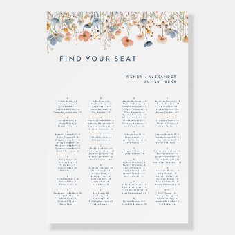 Bold Elegant Floral Wedding Vertical Seating Chart Foam Board | Zazzle