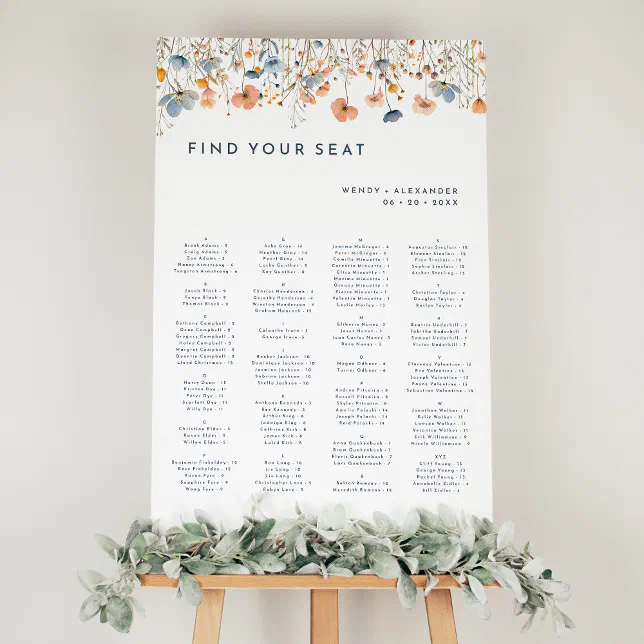 Bold Elegant Floral Wedding Vertical Seating Chart Foam Board | Zazzle