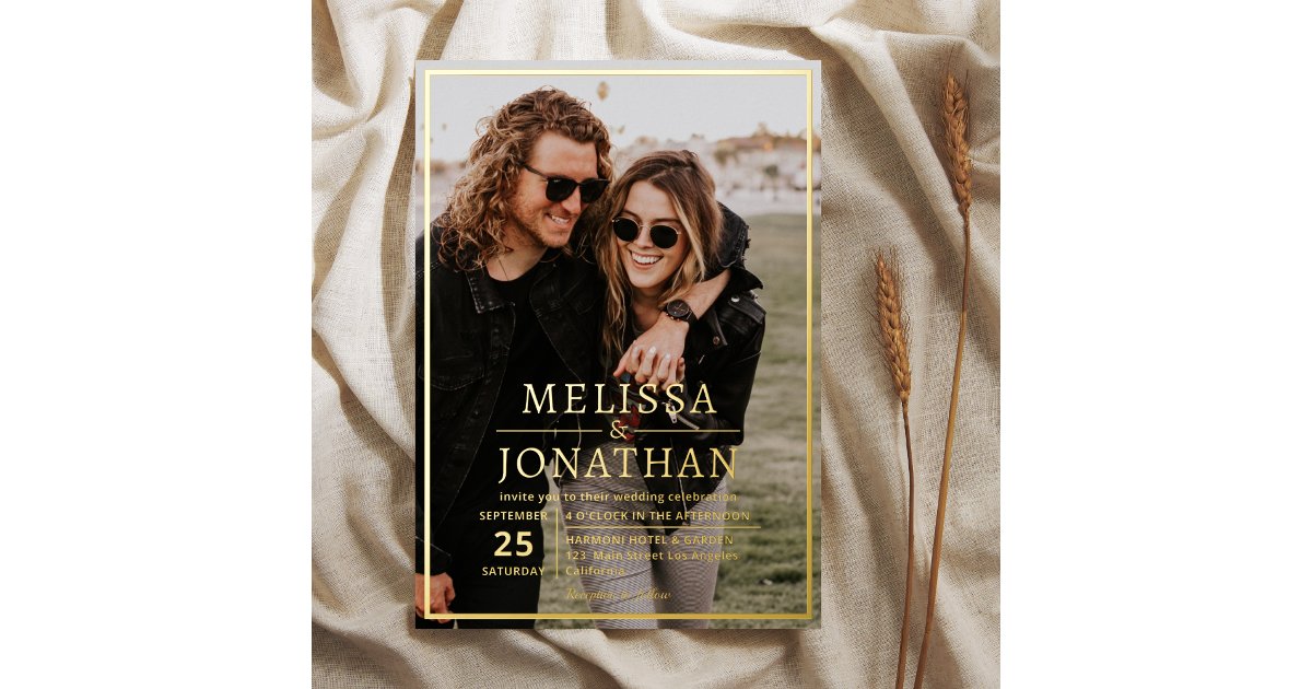 Bold Elegant Gold Border Script Photo Wedding Real Foil Invitation | Zazzle