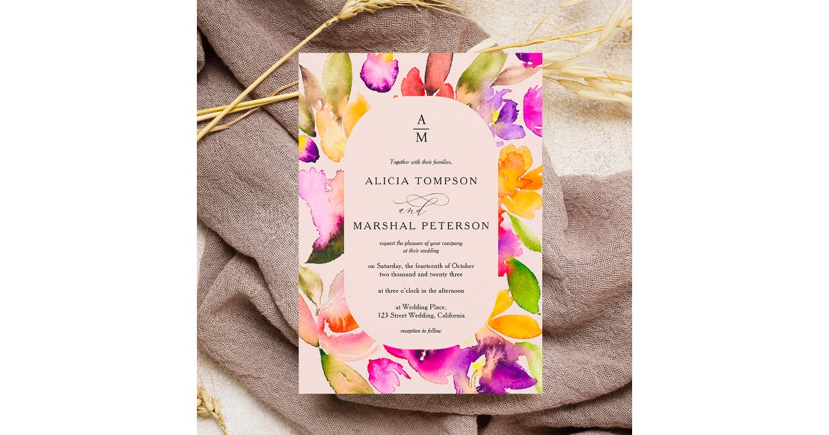 Bold fall oversize floral watercolor photo wedding invitation | Zazzle