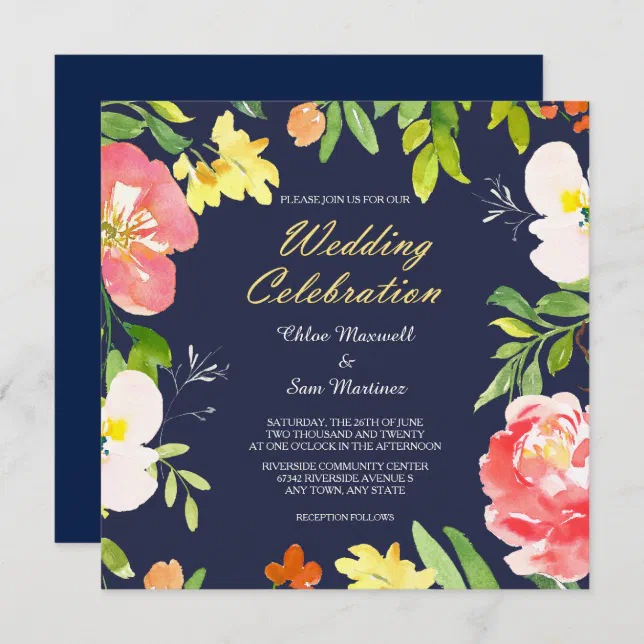 Bold Floral Border on Navy Blue Wedding Invitation | Zazzle