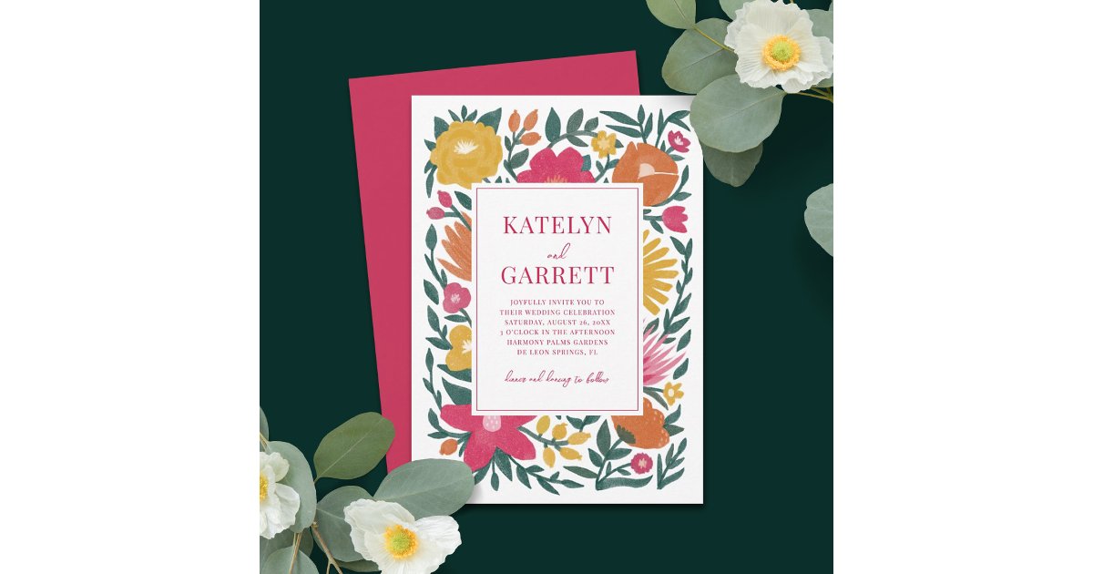 Bold Florals Magenta Orange Yellow Wedding Invitation | Zazzle