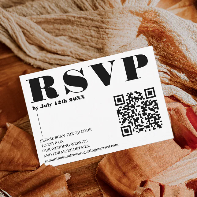 Bold font wedding rsvp Qr code black on white Enclosure Card | Zazzle