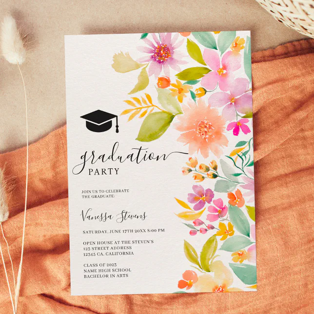 Bold garden watercolor flowers graduation invitation | Zazzle