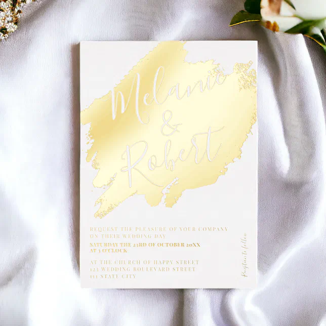 bold gold brushstroke white chic wedding initials foil invitation | Zazzle