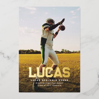 Bold gold name graduate sporty photo graduation foil invitation | Zazzle