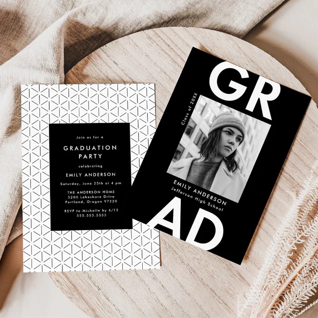 Bold Grad Black and White Photo Graduation Party Invitation | Zazzle