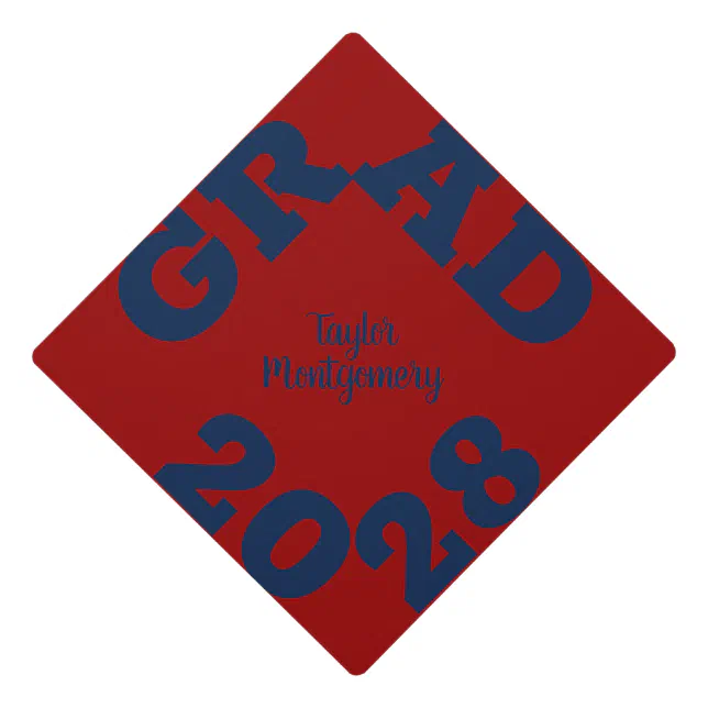 Bold GRAD Blue on Dark Red Graduation Cap Topper | Zazzle