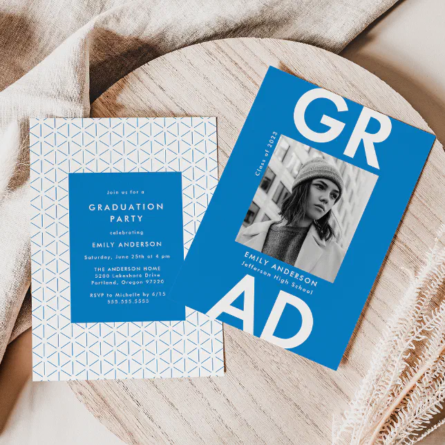Bold Grad Blue Photo Graduation Party Invitation | Zazzle