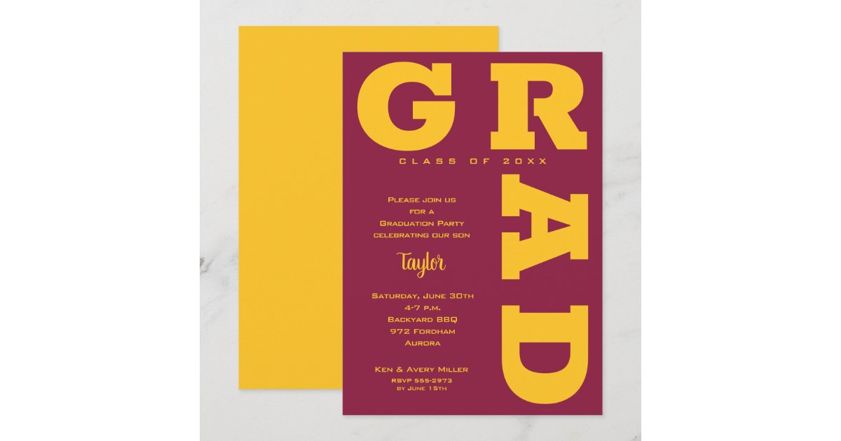 Bold GRAD Gold and Maroon Graduation Invitation | Zazzle