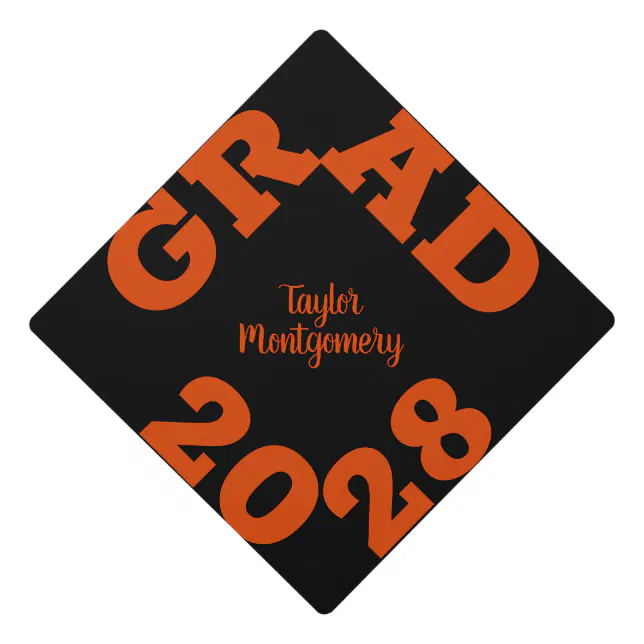 Bold GRAD Orange on Black Graduation Cap Topper | Zazzle