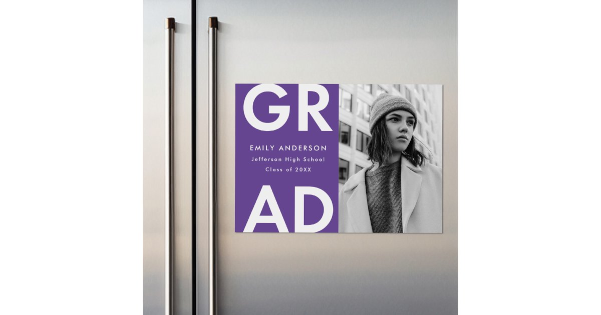 Bold Grad Purple Photo Graduation Magnetic Invitation | Zazzle