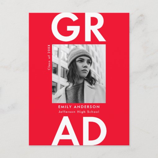 Bold Grad Red Photo Graduation Party Invitation Postcard | Zazzle