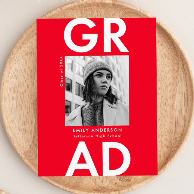 Bold Grad Red Photo Graduation Party Invitation Postcard | Zazzle