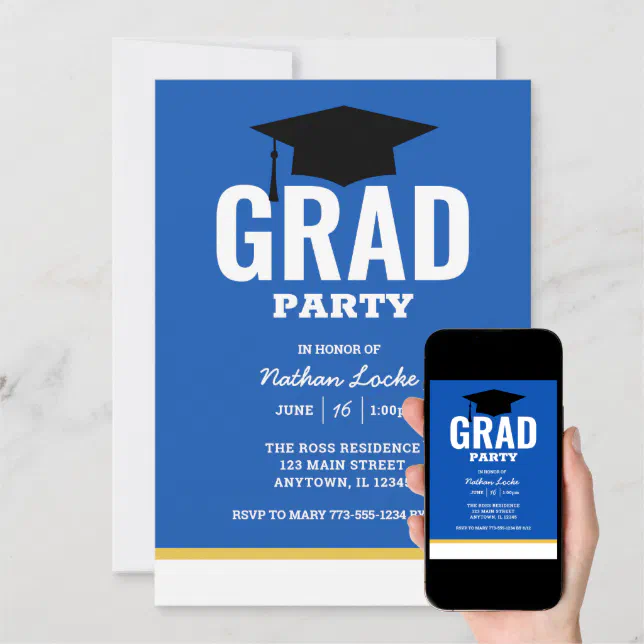 Bold Grad Royal Blue Graduation Party Invitation | Zazzle
