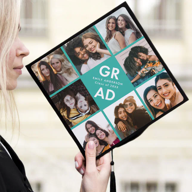 Bold Grad Turquoise 8 Photo Collage Graduation Cap Topper | Zazzle