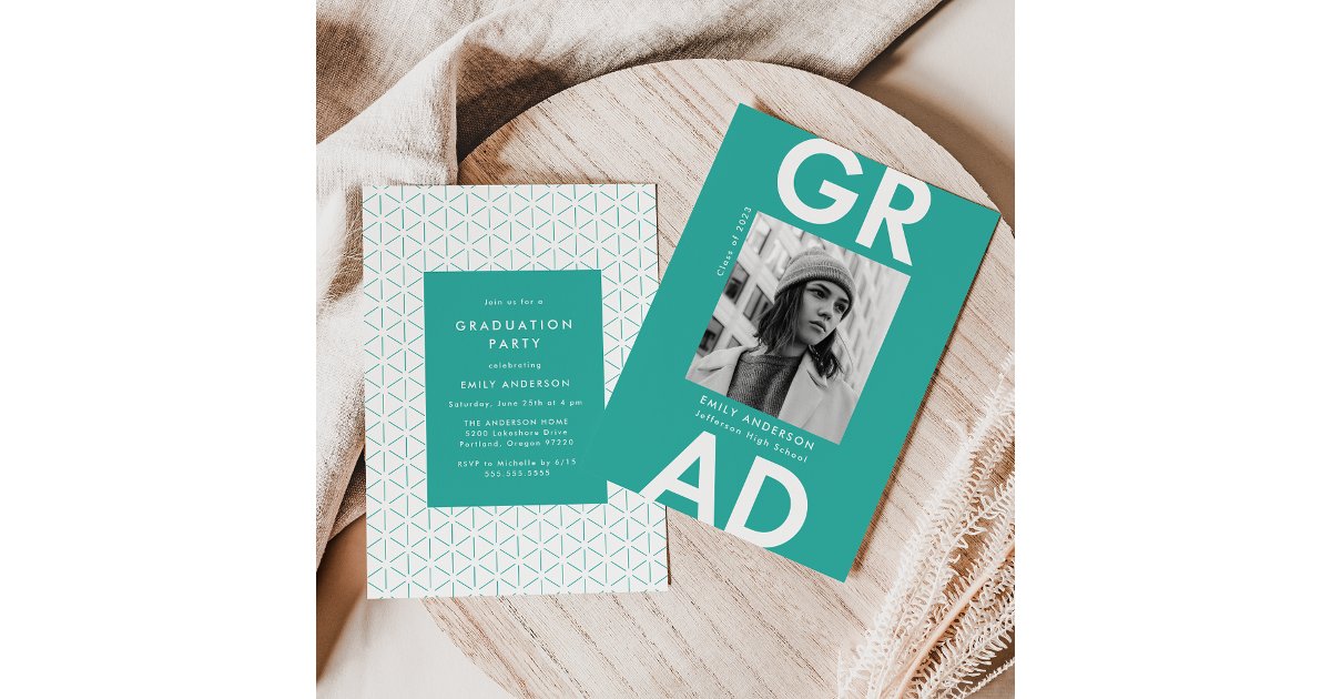 Bold Grad Turquoise Photo Graduation Party Invitation | Zazzle